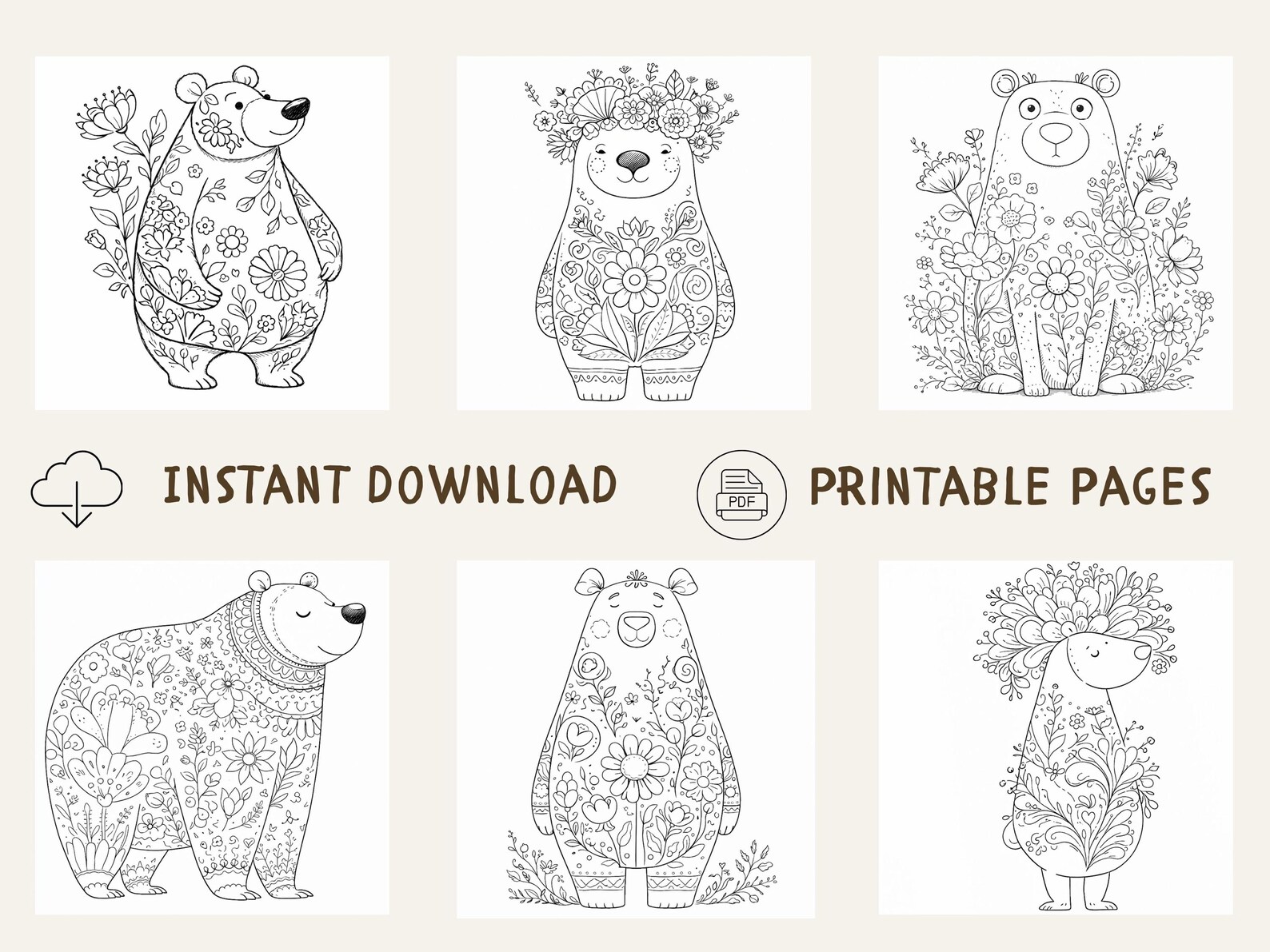 Floral Bear Coloring Pages, 20 Spring Animal Designs (printable PDF) - Etsy