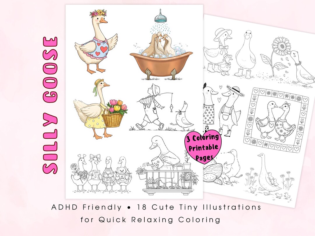 Adhd-friendly Silly Goose Coloring Pages | 18 Mini Scenes | Cute and ...