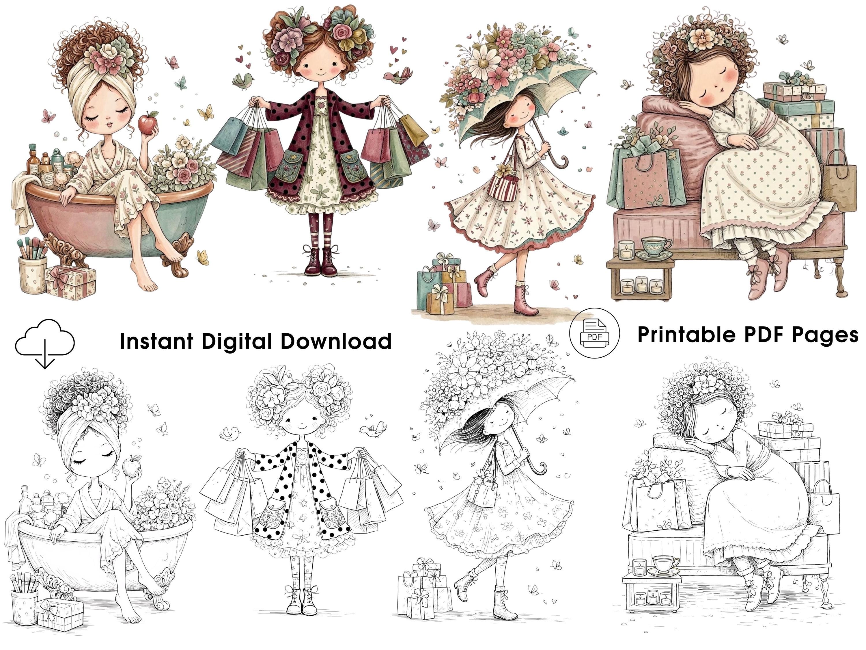 Cute Girl With Gifts Coloring Pages, Cozy Girl Coloring Book, Printable ...