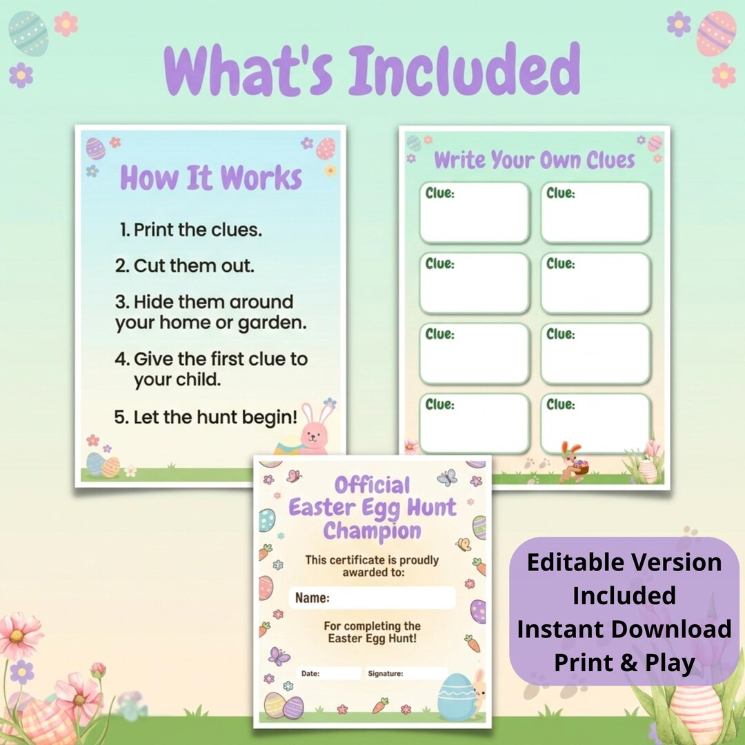 Easter Egg Hunt Kit Printable for Kids, Easter Scavenger Hunt Clues ...