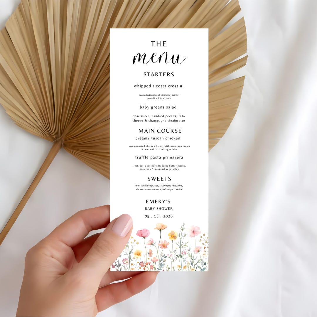 Baby Shower Menu Template, Editable Canva Menu Card, Wildflower Baby ...