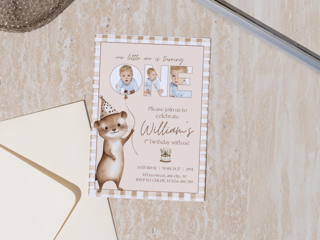 Editable Weasel First Birthday Invitation, Neutral Animal 1st Birthday ...