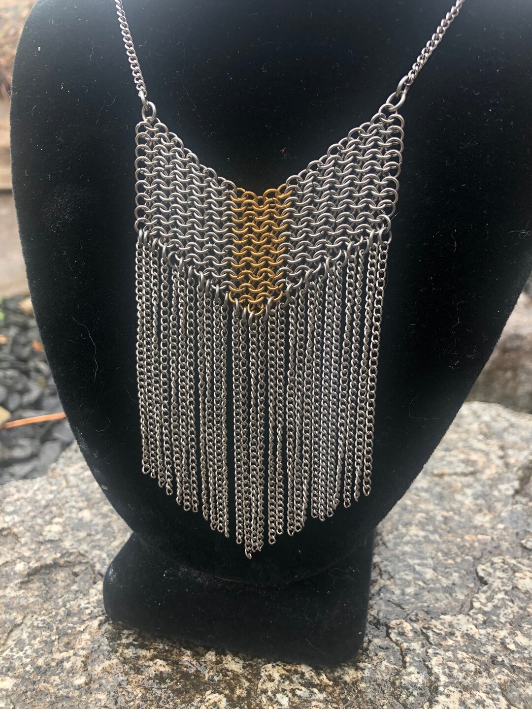 Stainless Steel and Brass Chevron Necklace With Chain Tassels, Chevron ...