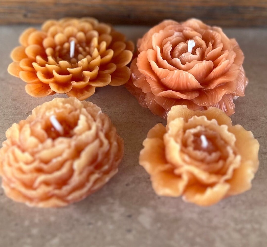4 Peach Sorbet Beeswax Candles Peony | Dahlia Flower Shaped Beeswax ...