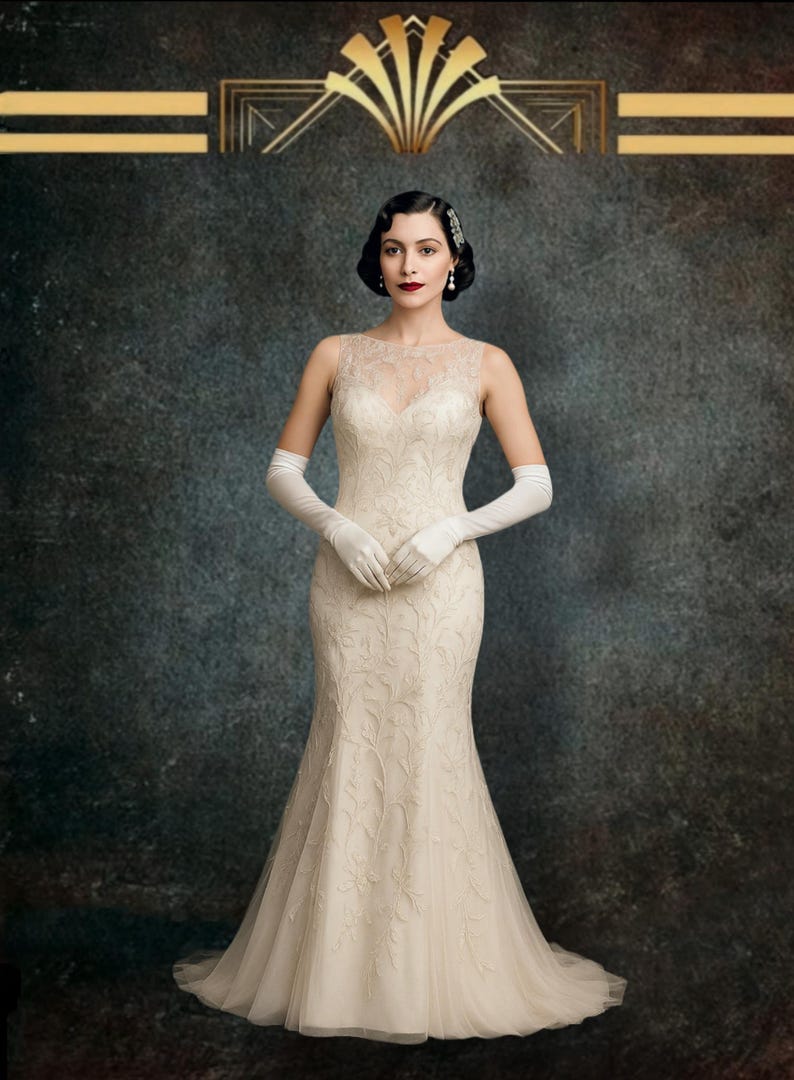 Kenneth Winston Column Wedding Dress, Size 12, Illusion Lace Bodice ...