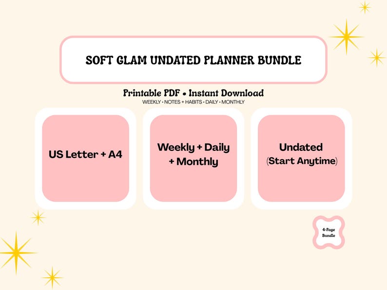 Soft Glam Undated Planner Bundle | US Letter + A4 | Weekly Daily ...