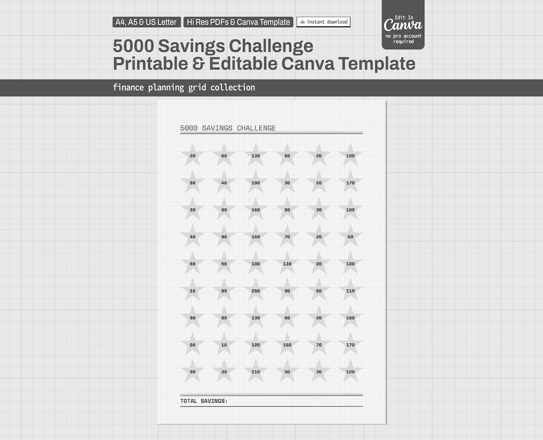 Printable 5000 Savings Challenge Finance Planner Printable A4 A5 US ...