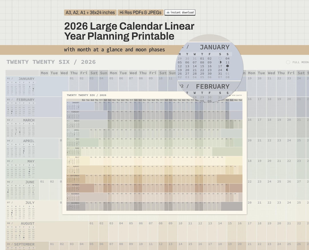 2026 Large Calendar Linear Year Planning Printable Minimal Grid Wall ...