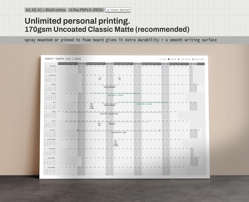 2026 Large Calendar Linear Year Planning Printable Minimal Grid Wall ...