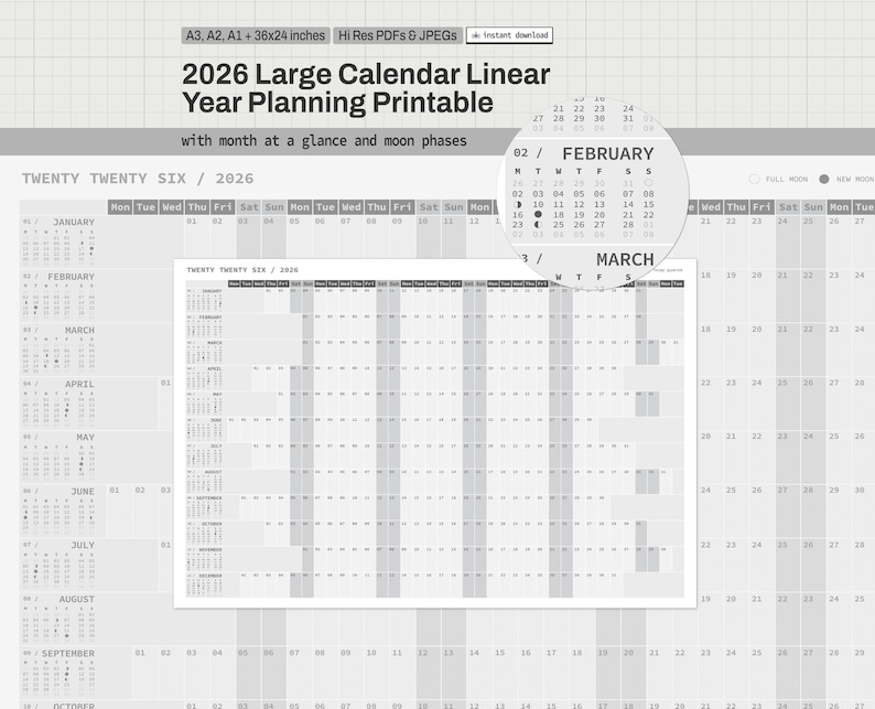 2026 Large Calendar Linear Year Planning Printable Minimal Grid Wall ...
