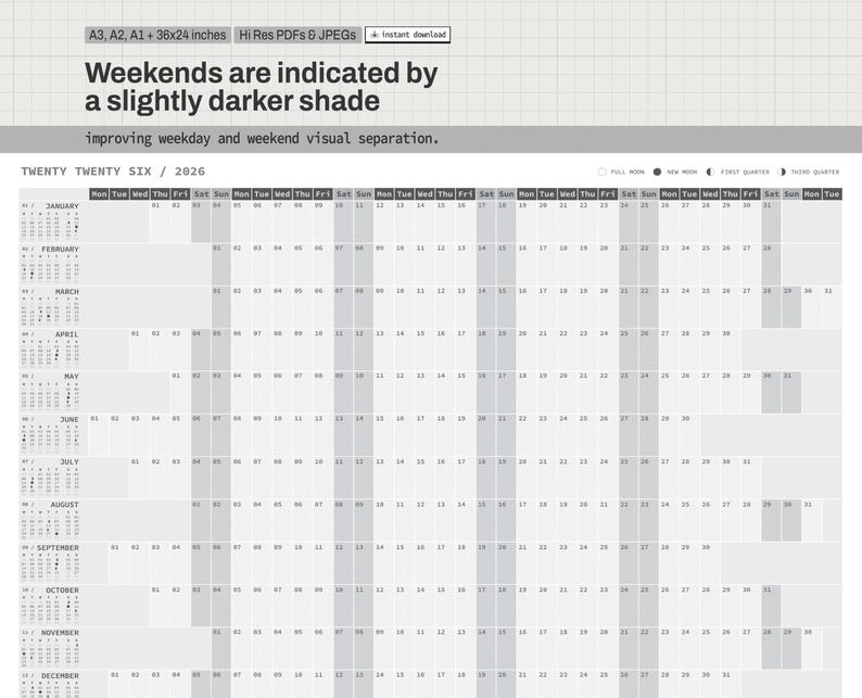 2026 Large Calendar Linear Year Planning Printable Minimal Grid Wall ...