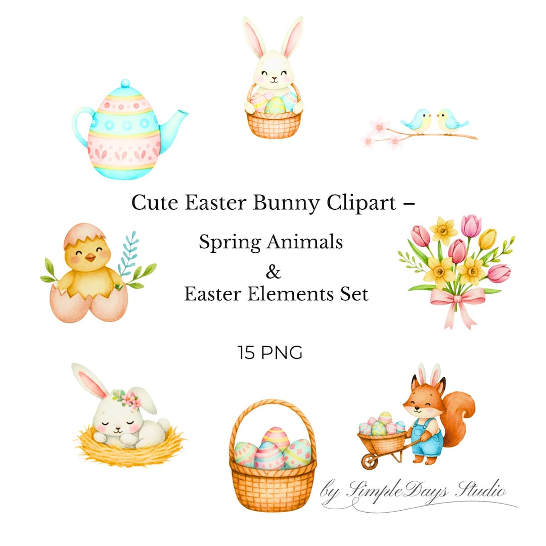 Cute Easter Bunny Clipart Set | Spring Animals & Eggs | Watercolor ...