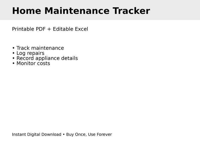 Home Maintenance Tracker: Printable PDF & Editable Excel (digital ...