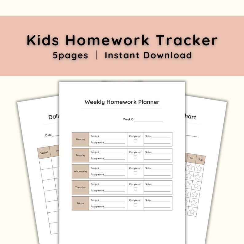 Kids Homework Tracker Printable, Reading Log, Study Tracker, Weekly ...
