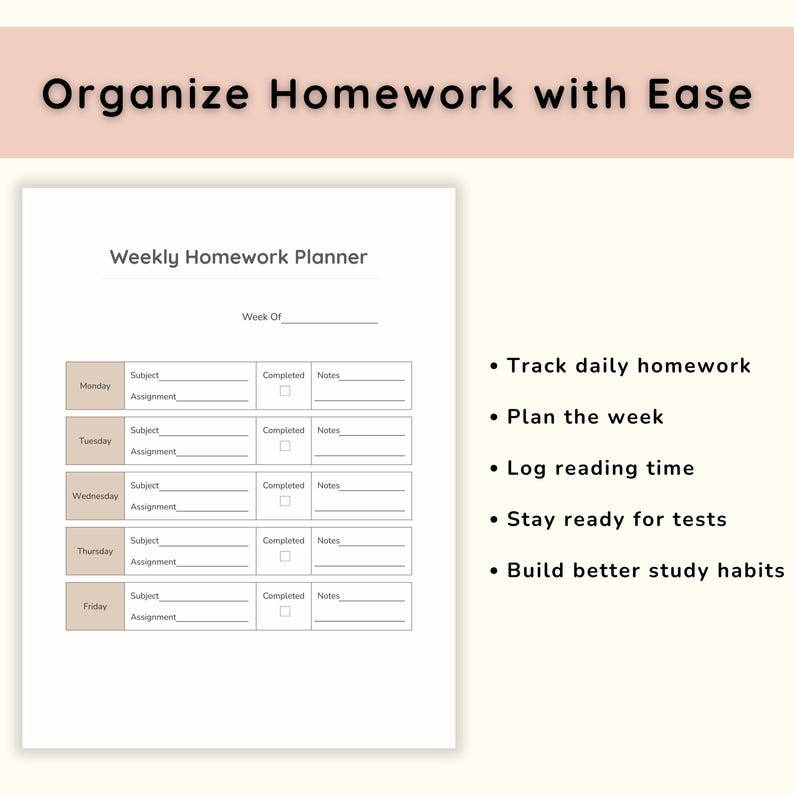 Kids Homework Tracker Printable, Reading Log, Study Tracker, Weekly ...