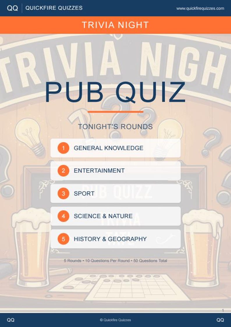 Pub Quiz Trivia Night Printable | 50 Question Quiz With Answers ...