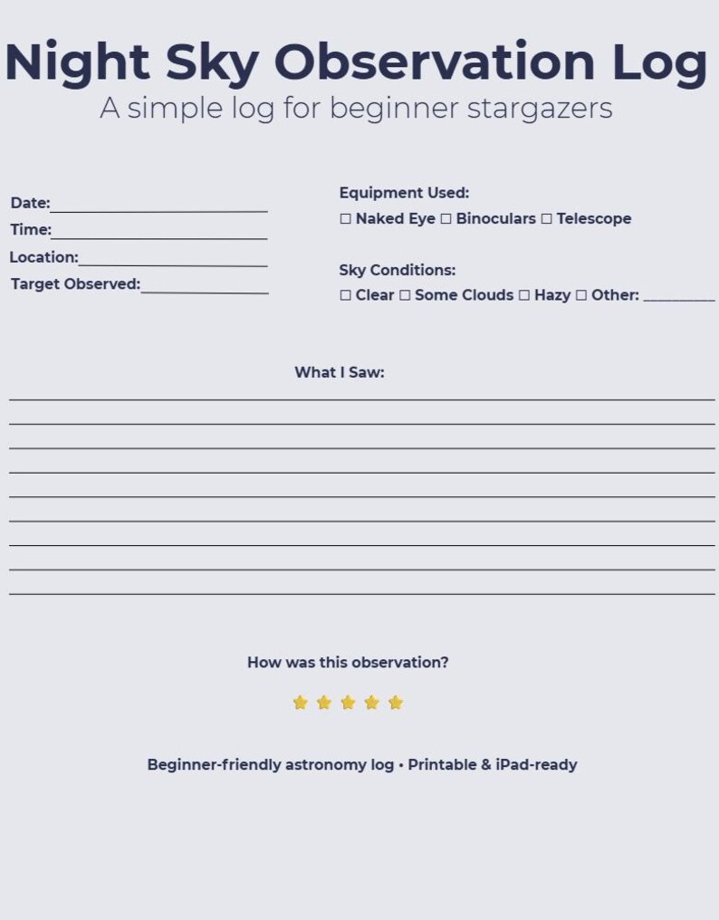 Beginner Night Sky Observation Log – Simple Astronomy Log Printable PDF ...