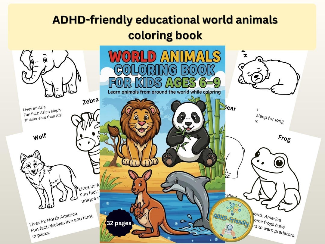 Adhd-friendly World Animals Coloring Book – Ages 6-9 (printable PDF ...