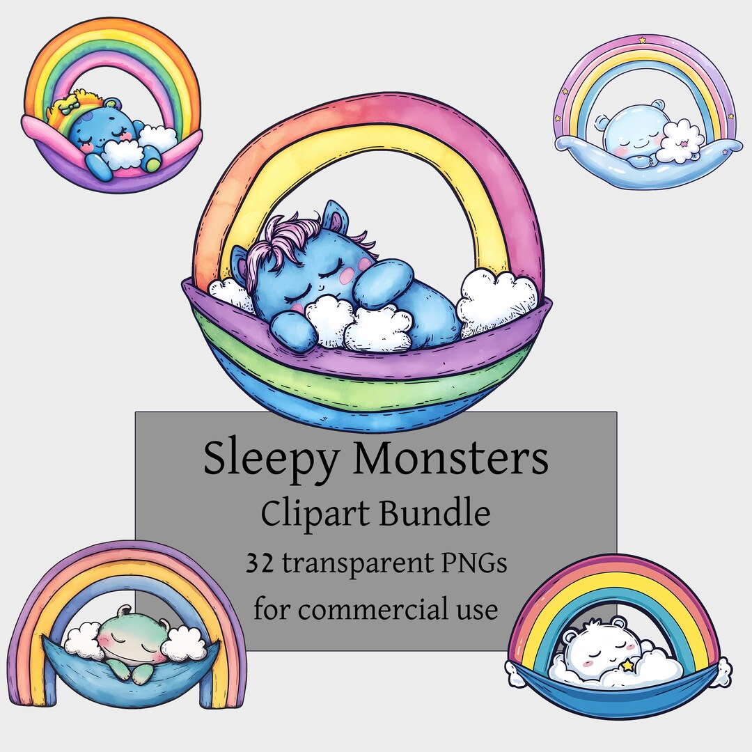 32 Sleeping Monster Clipart Bundle, Cute Rainbow Monster PNG, Kawaii ...