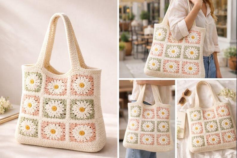 100% Handmade Crochet Daisy Granny Square Tote Bag | Boho Cotton Summer ...