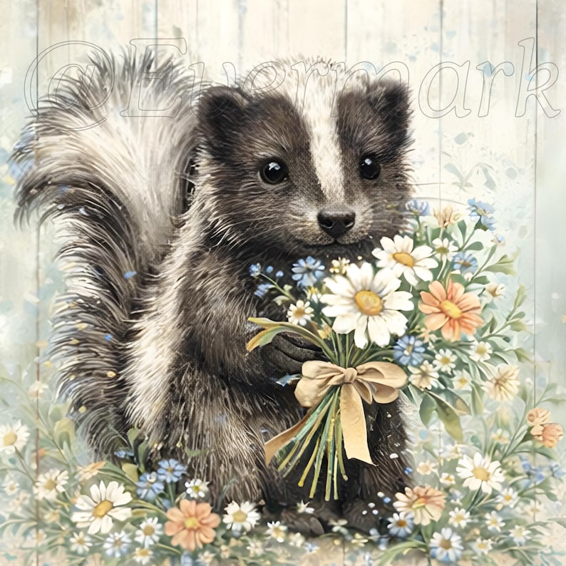 Baby Skunk Watercolor Art Print, Farmhouse Floral Bouquet (instant ...
