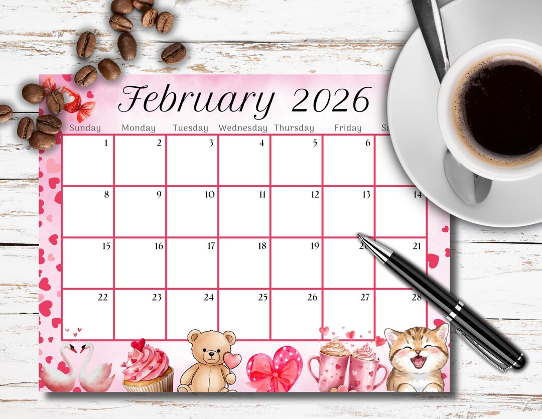Printable February 2026 Calendar, Holiday Theme (instant Download PDF ...