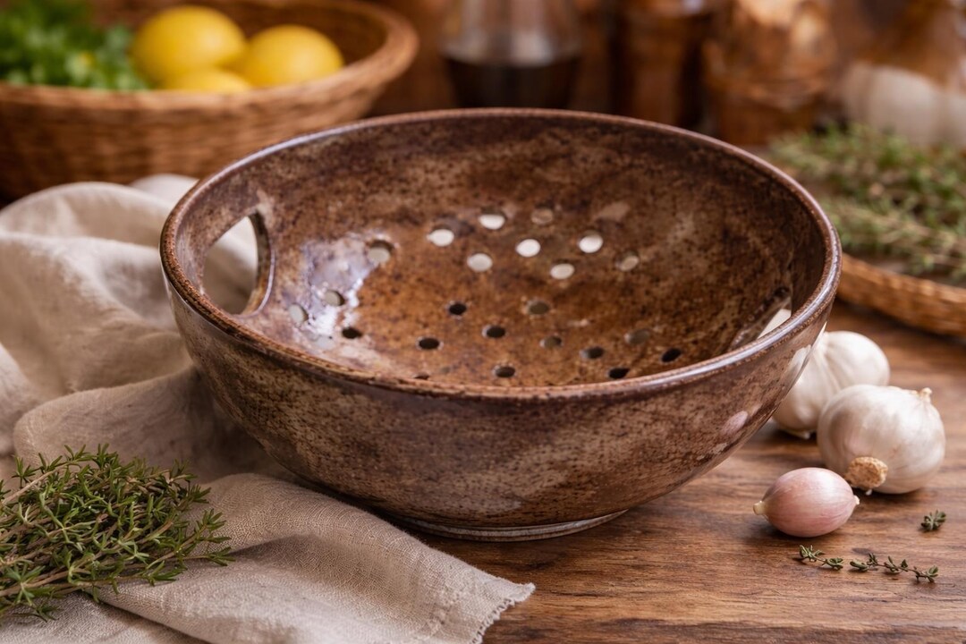 Vintage Studio Pottery Colander Bowl – Hand Thrown Stoneware Strainer ...