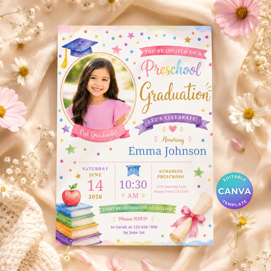 Girl Preschool Graduation Invitation 5x7 | Editable Canva Photo Invite ...