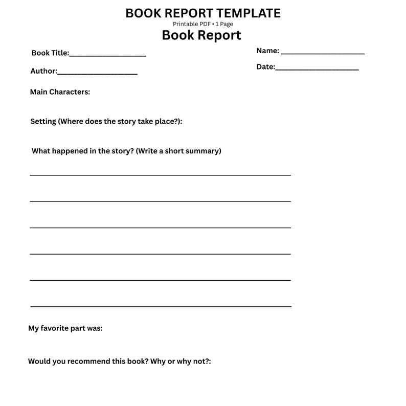 Book Report Template Printable for Kids | One Page Book Report ...