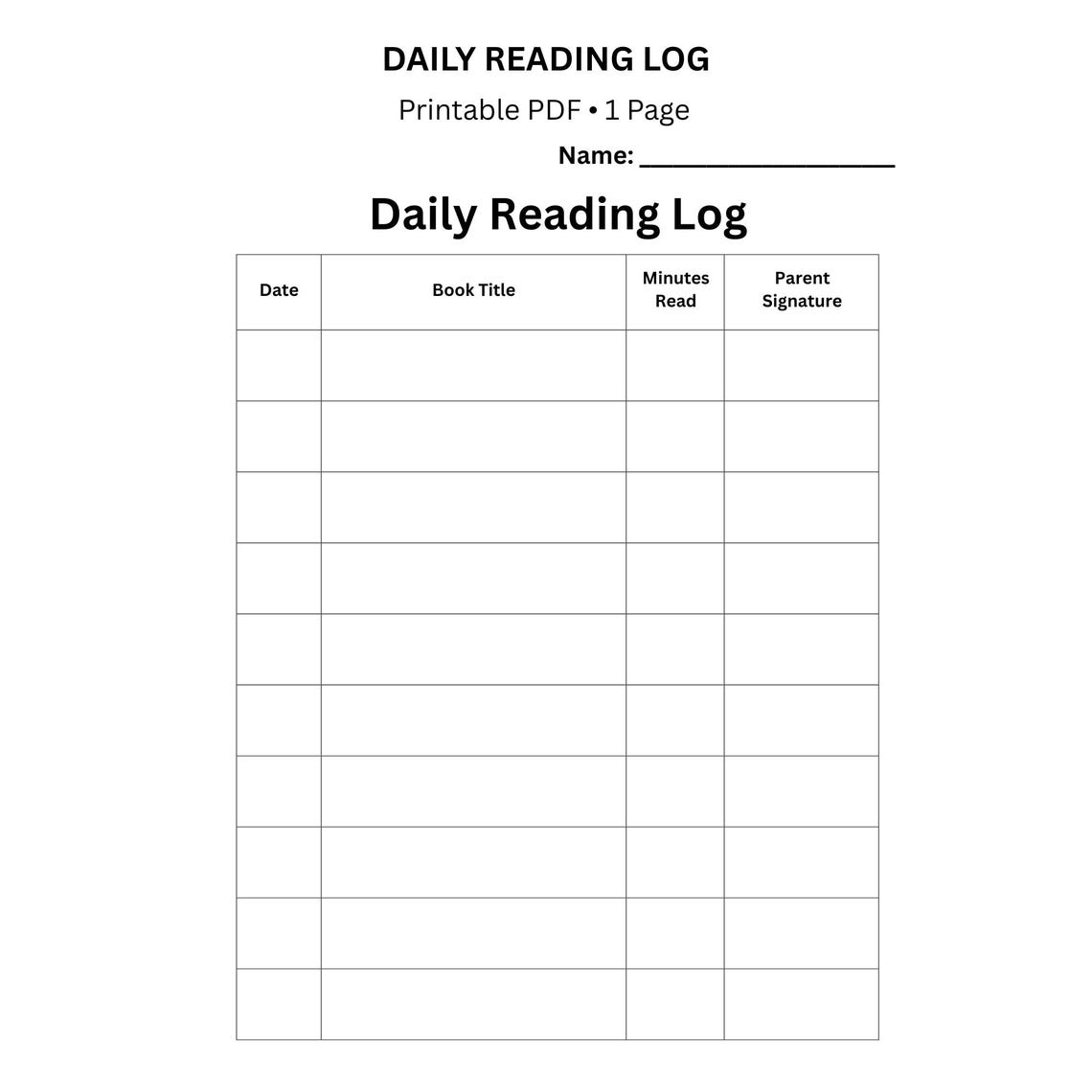 Daily Reading Log Printable for Kids | One Page Reading Tracker ...