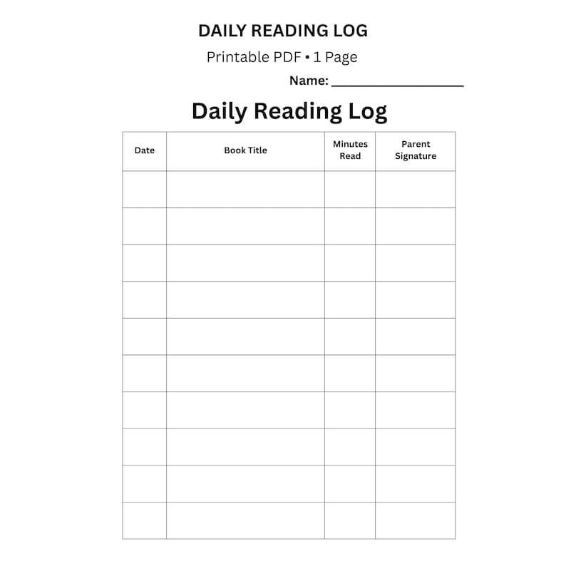 Daily Reading Log Printable for Kids | One Page Reading Tracker ...