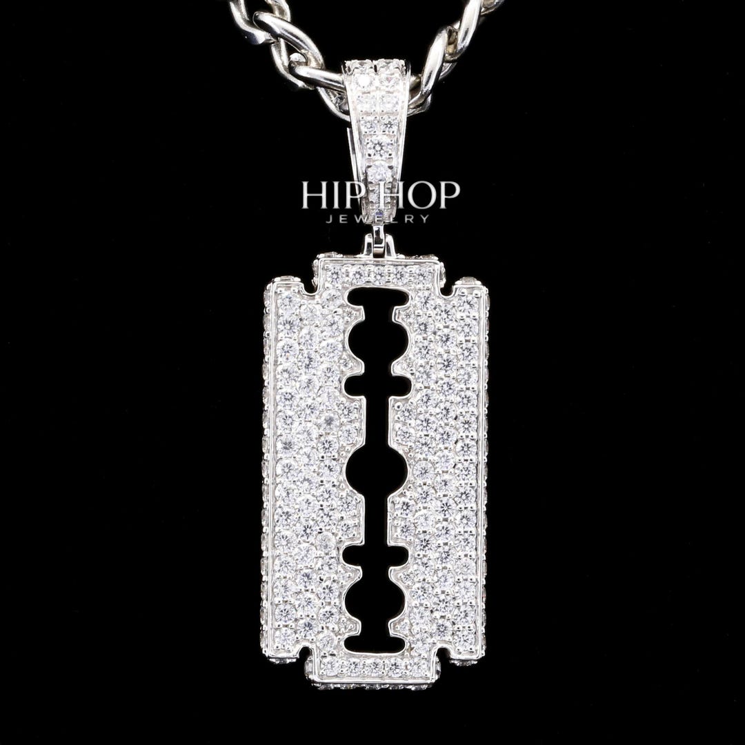 Iced Out Razor Blade Moissanite Pendant, White Gold Statement Pendant ...