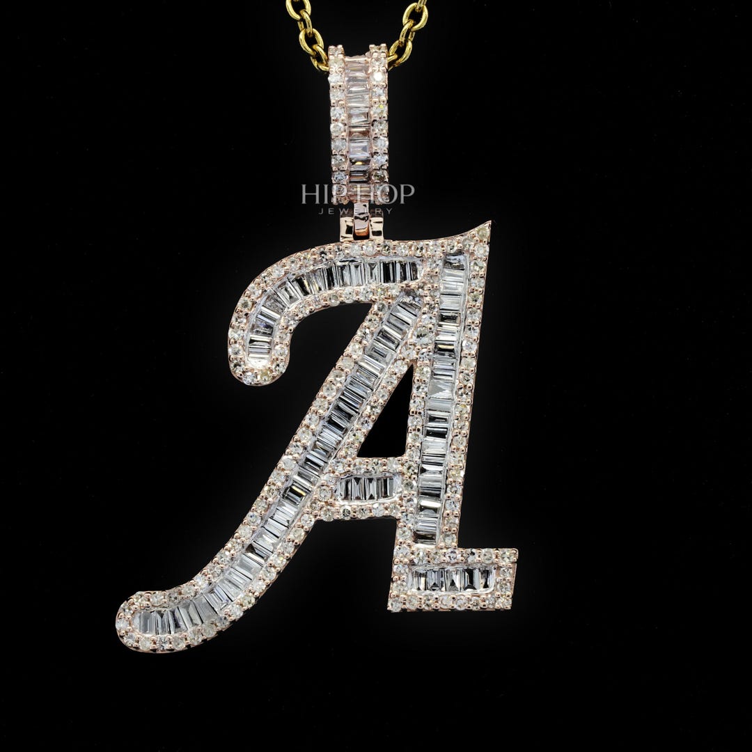 Cursive Letter Moissanite Hip Hop Pendant, 10K Solid White Gold Custom ...