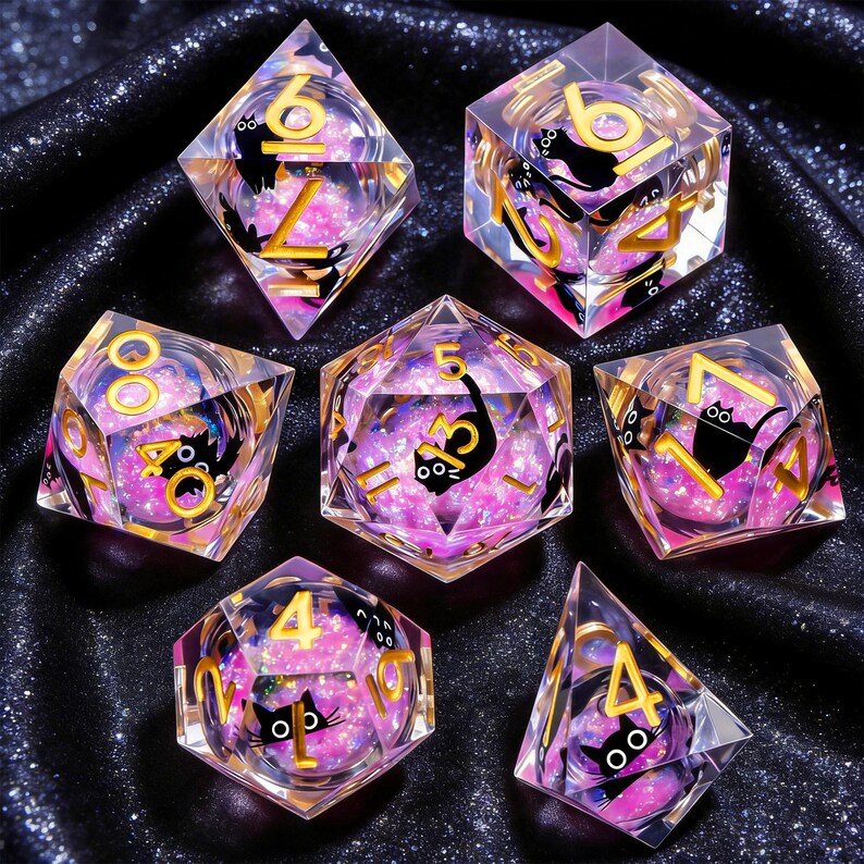 DND Dice Set | Black Cat Liquid Core Dice | Handmade Sharp Edge Resin ...