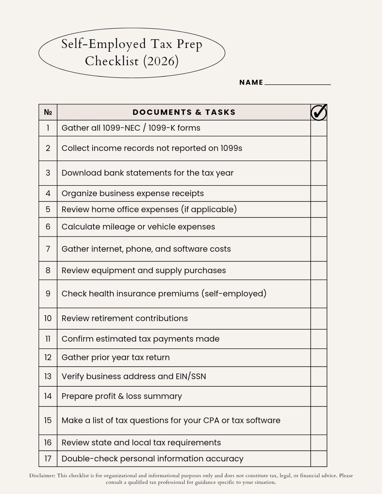 Self Employed Tax Checklist 2026 | 1099 Tax Prep Organizer | Printable ...