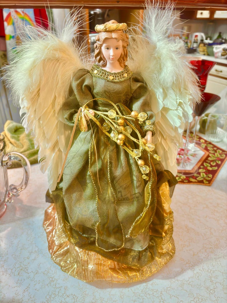 Vintage 16” Victorian Angel Tree Topper With Real Feather Wings - Etsy