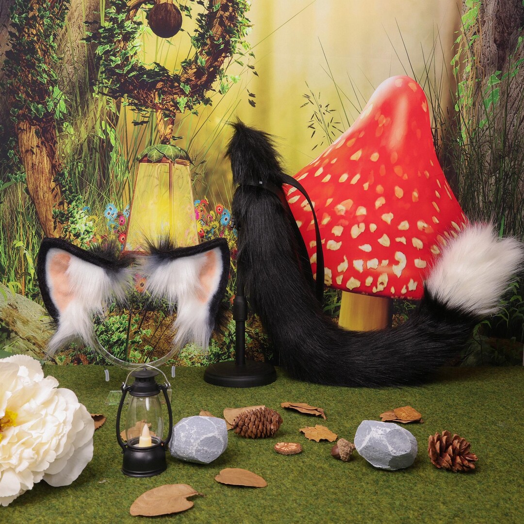 Plush Black Cat Ears & Tail Set for Cosplay, 10cm Furry Ears 75cm Tail ...