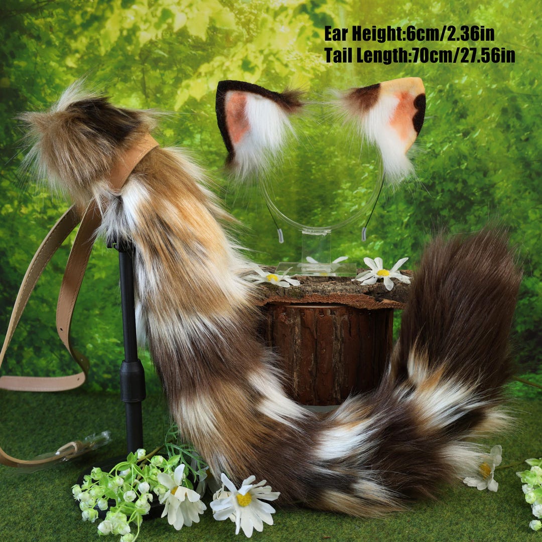 Realistic Calico Cat Ears and Tail Set, Faux Fur Cosplay Accessory for ...
