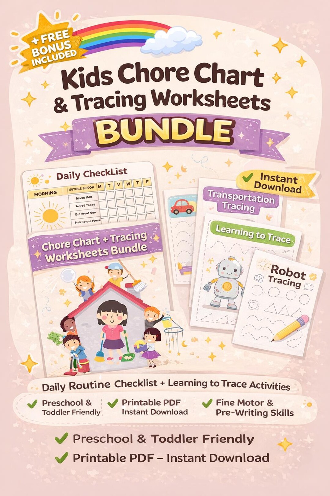 Kids Chore Chart Printable | Daily Routine Checklist + Tracing ...