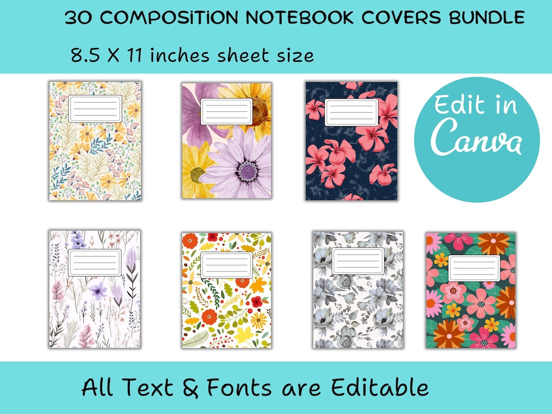 30 Editable Composition Notebook Cover Bundle | Floral Notebook Canva ...
