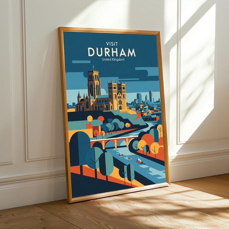 Durham Art Print – Minimalist, Blue and Orange Cityscape of Durham ...