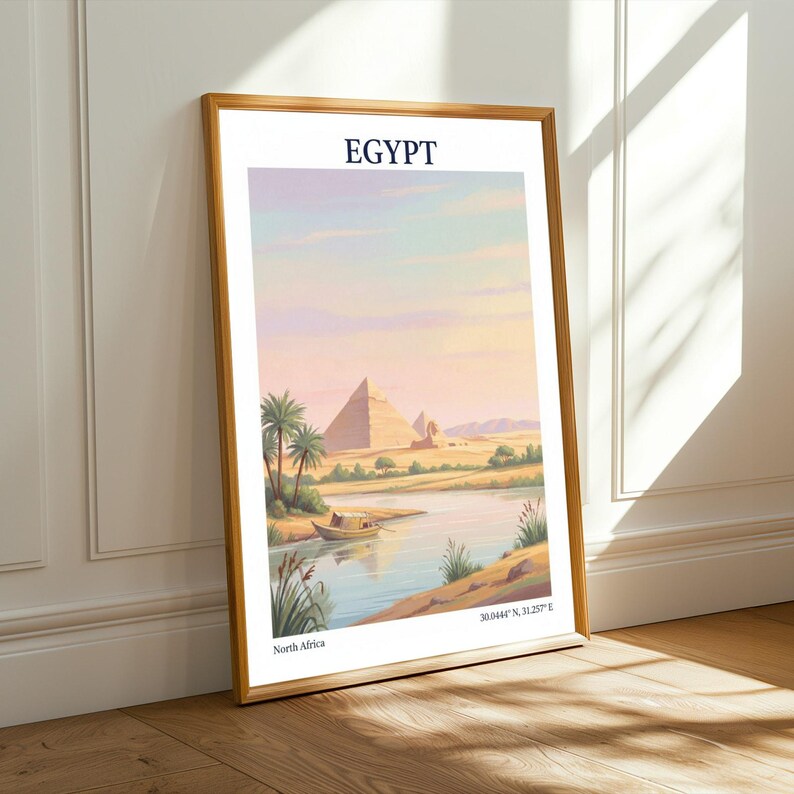 Egypt Art Print – Vintage Travel, Pyramids and Nile Scene, Blue Sky and ...