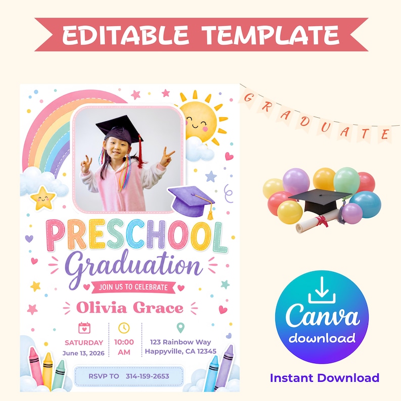 Class of 2026 Preschool Graduation Invitation Canva Template, Editable ...
