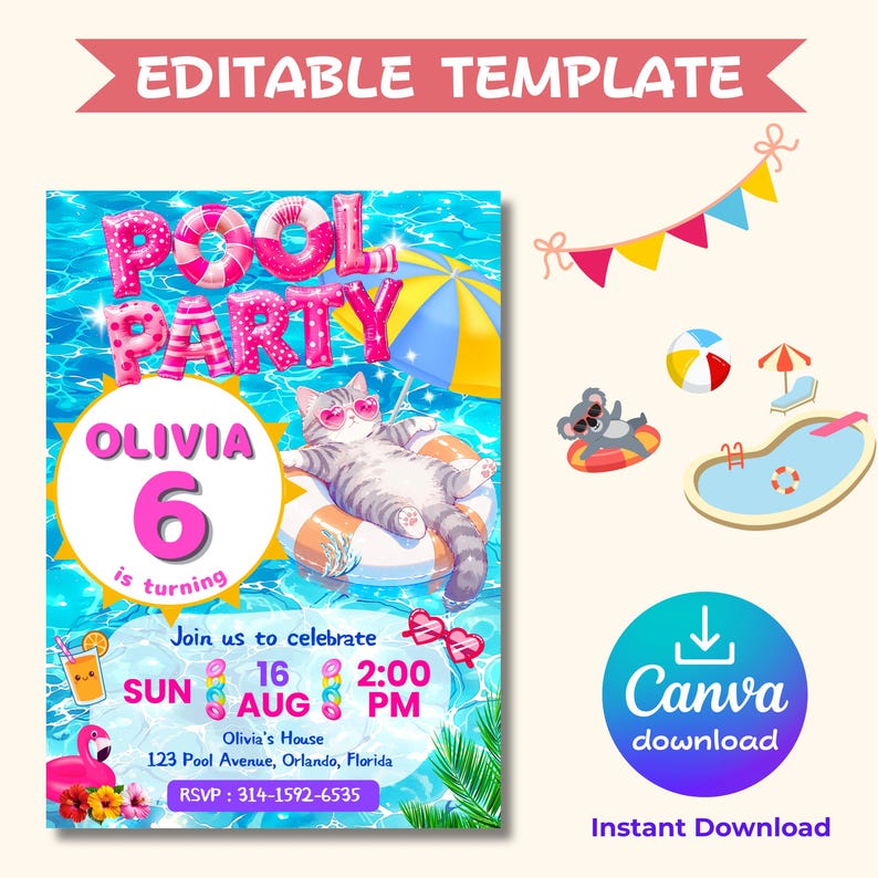 Pool Party 6th Birthday Invitation Template 5x7, Editable Canva Cat ...