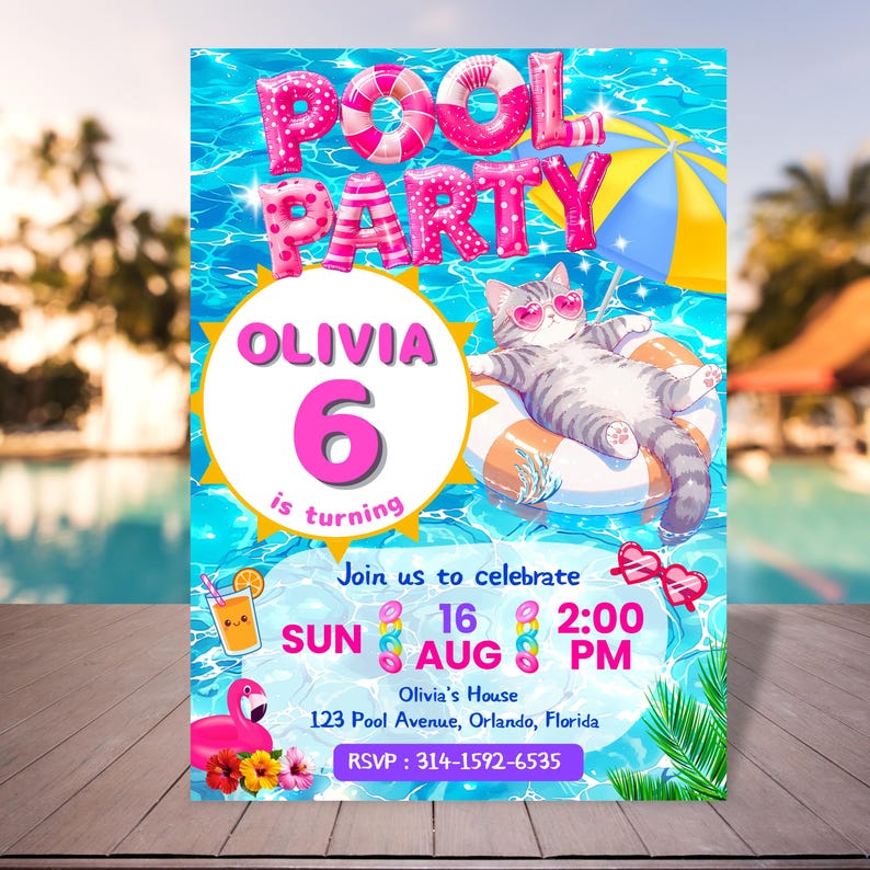 Pool Party 6th Birthday Invitation Template 5x7, Editable Canva Cat ...