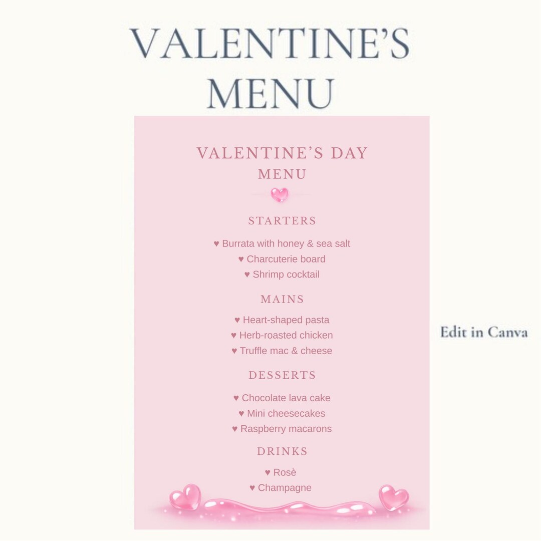 Editable Valentine's Day Menu Template | Romantic Pink Dinner Party ...