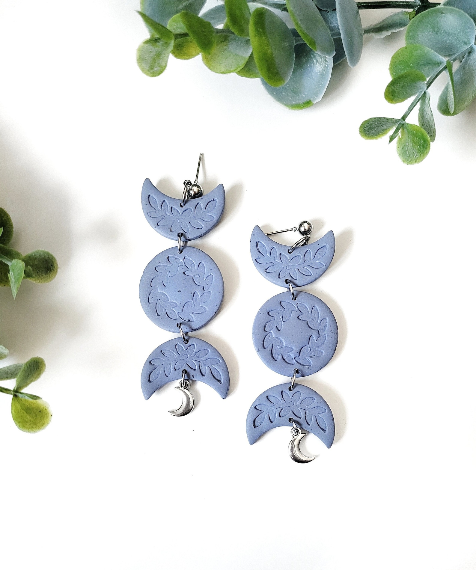 Dusty Periwinkle Blue Moon Phase Clay Earrings, Crescent Moon ...