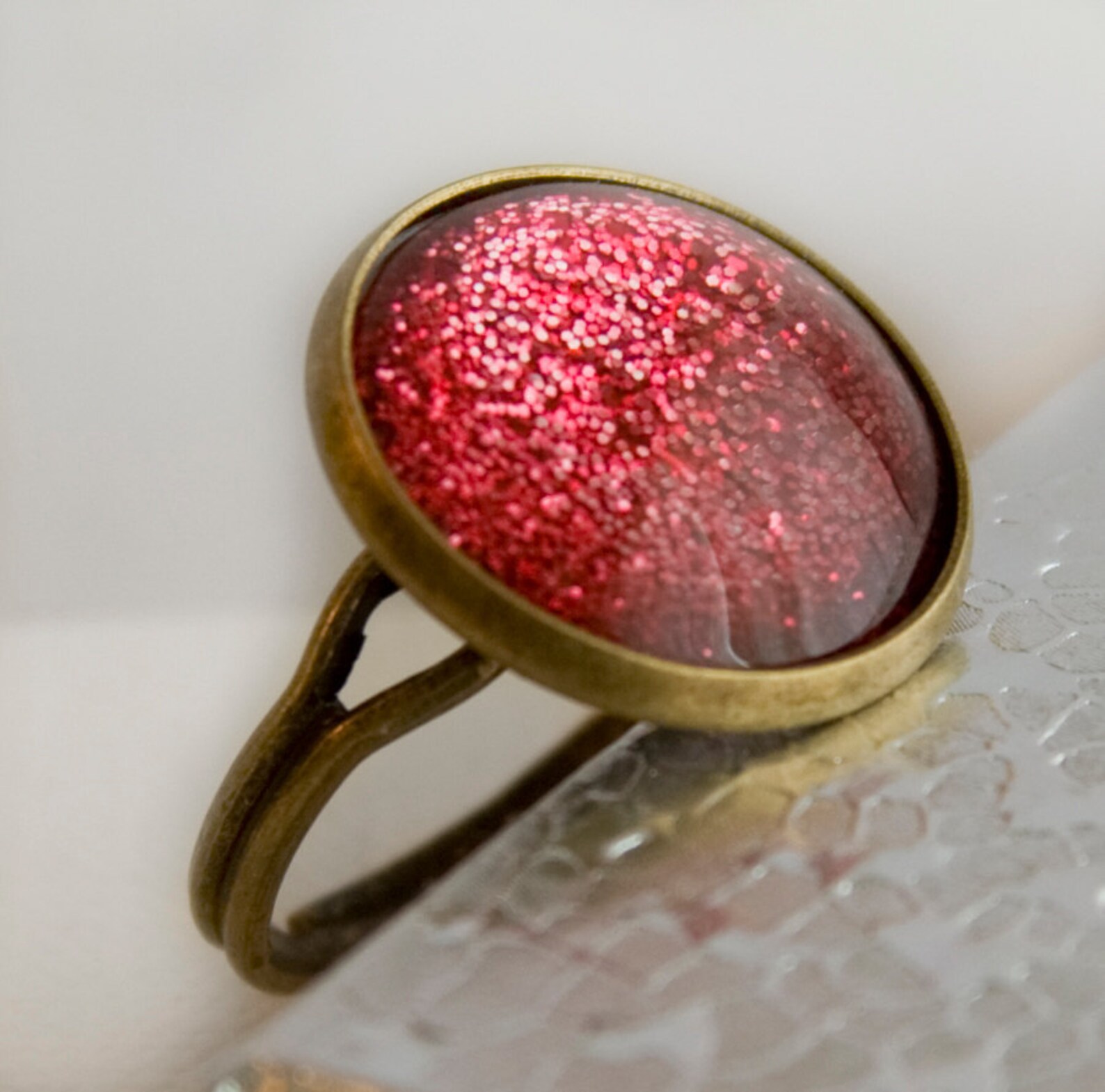 Candy Apple Ring in Antique Bronze Pinkish Red Glitter Ring - Etsy