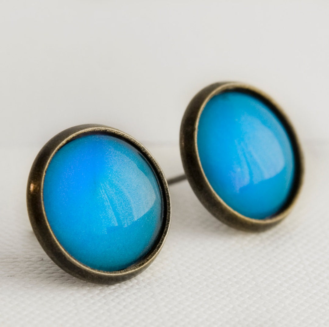 Neon Blue Raspberry Post Earrings in Antique Bronze - Bright Blue Studs ...