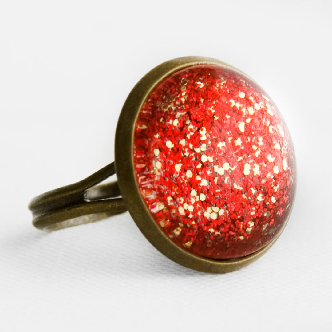 Red and Gold Glitter Ring in Antique Bronze - Glittery Bright Red and ...